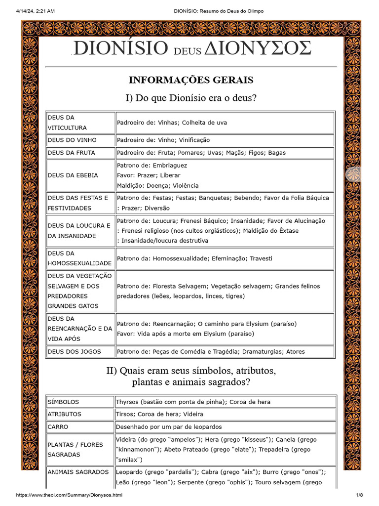 DIONÍSIO - Resumo Do Deus Do Olimpo | Download grátis PDF | Dionísio | Hera