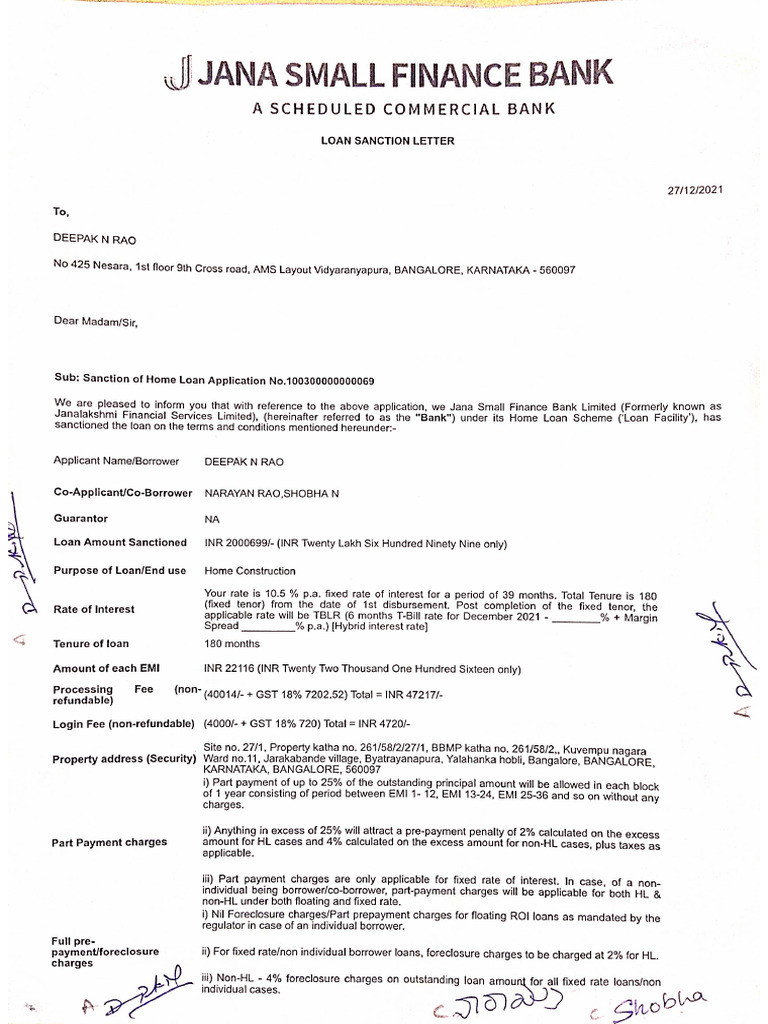 Jana Small Finance Bank Loan Sanction Letter | PDF