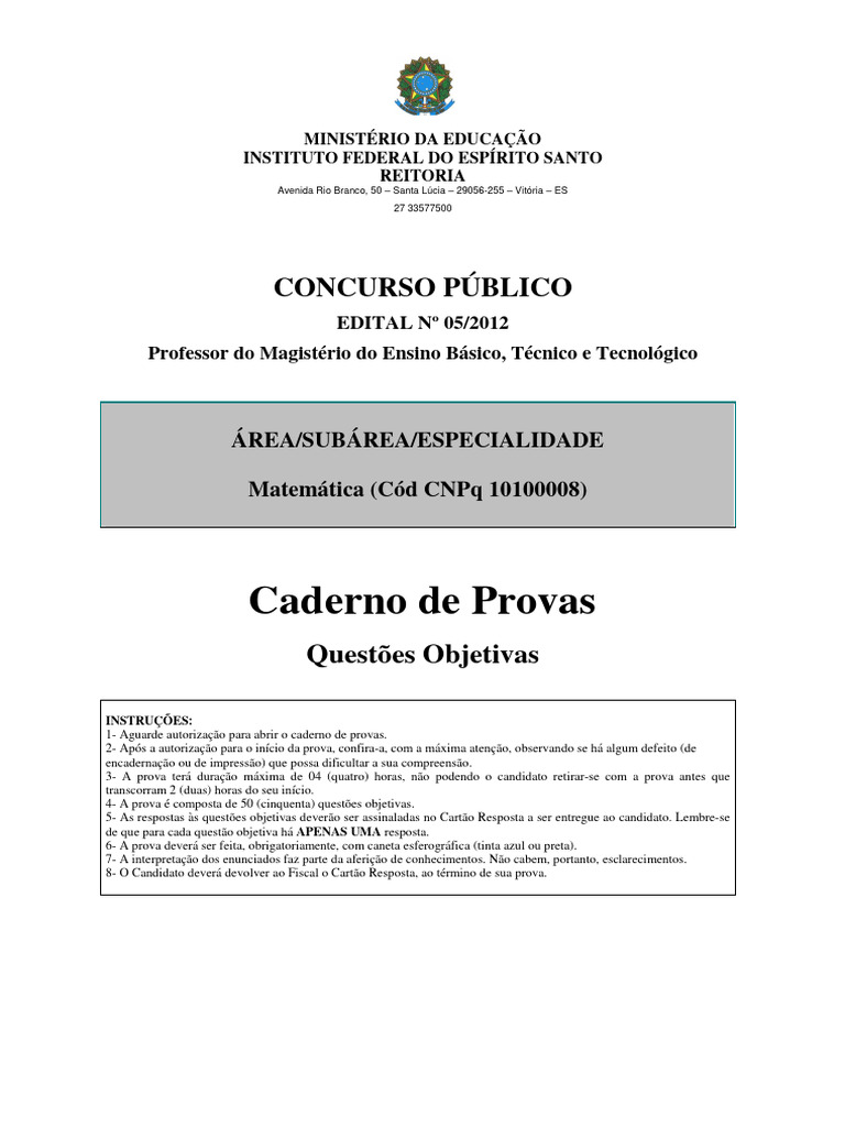 Caderno de Provas: Concurso Professor Matemática | PDF | Número ...