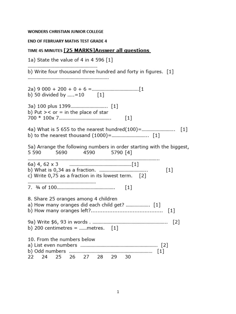 Grade 4 Math Test | PDF