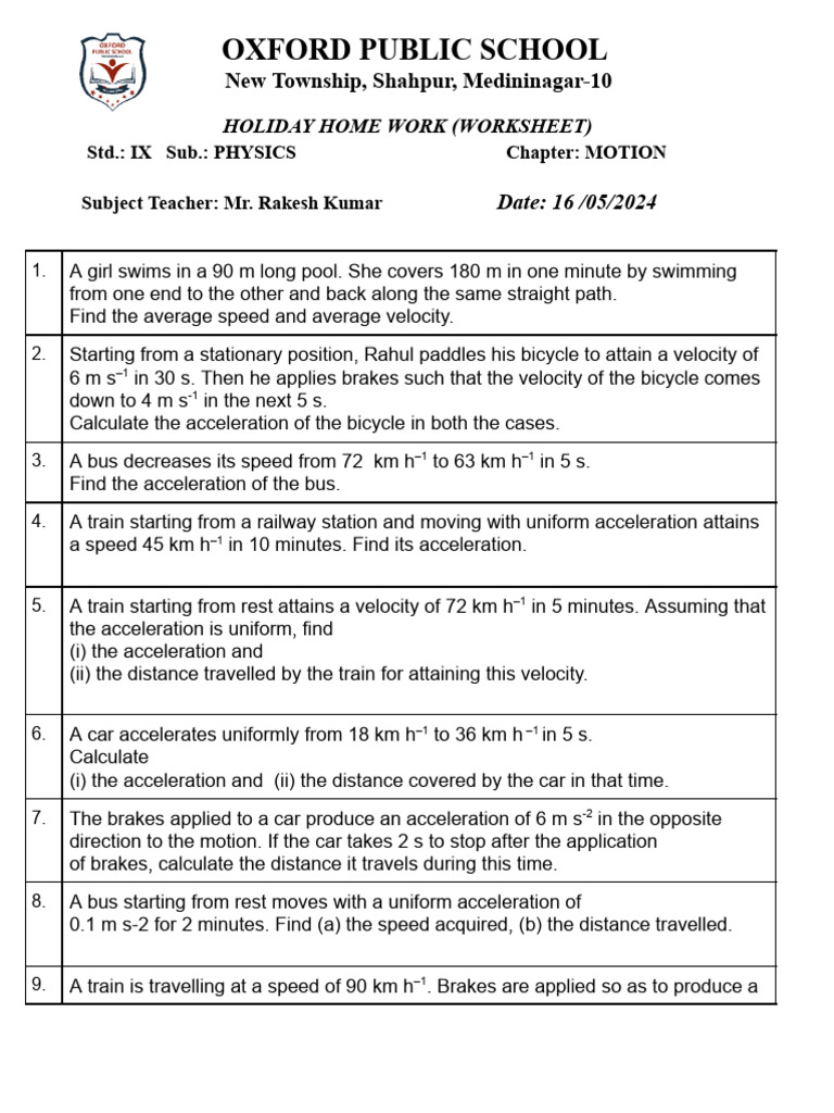 Worksheet Class 9 Motion | PDF | Acceleration | Speed