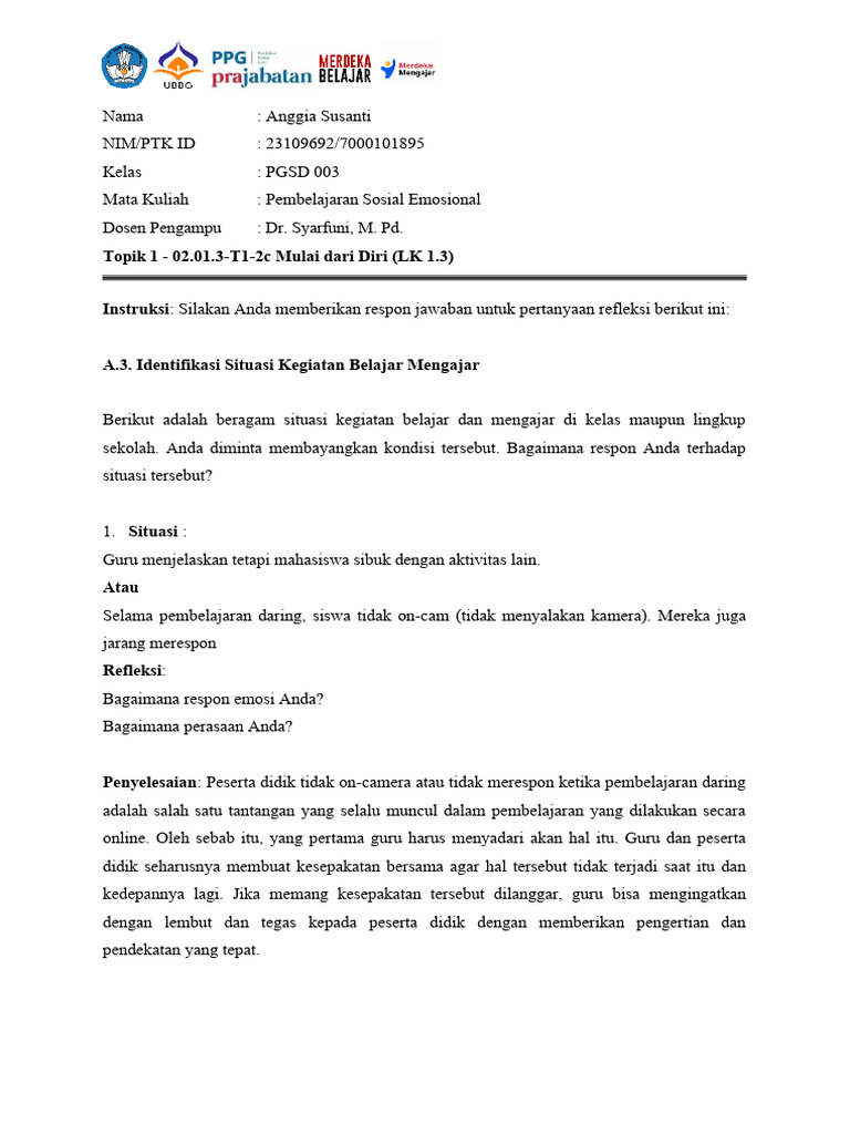 PSE - Topik 1 - 02.01.3-T1-2c Mulai Dari Diri (LK 1.3) | PDF