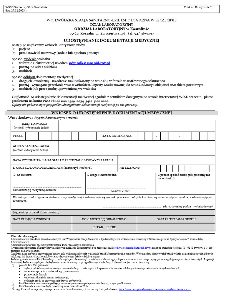 Wniosek o Udostępnienie Dokumentacji Medycznej 122023 | PDF