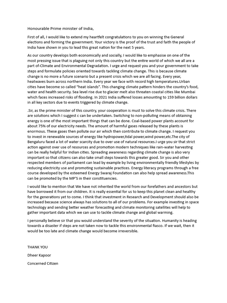 Honourable Prime Minister of India-Letter | PDF | Climate Change ... Honourable Prime Minister of India-Letter | PDF | Climate Change ...