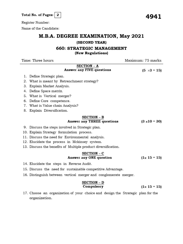 660 Strategic Management Question Paper | PDF | Strategic Management ...
