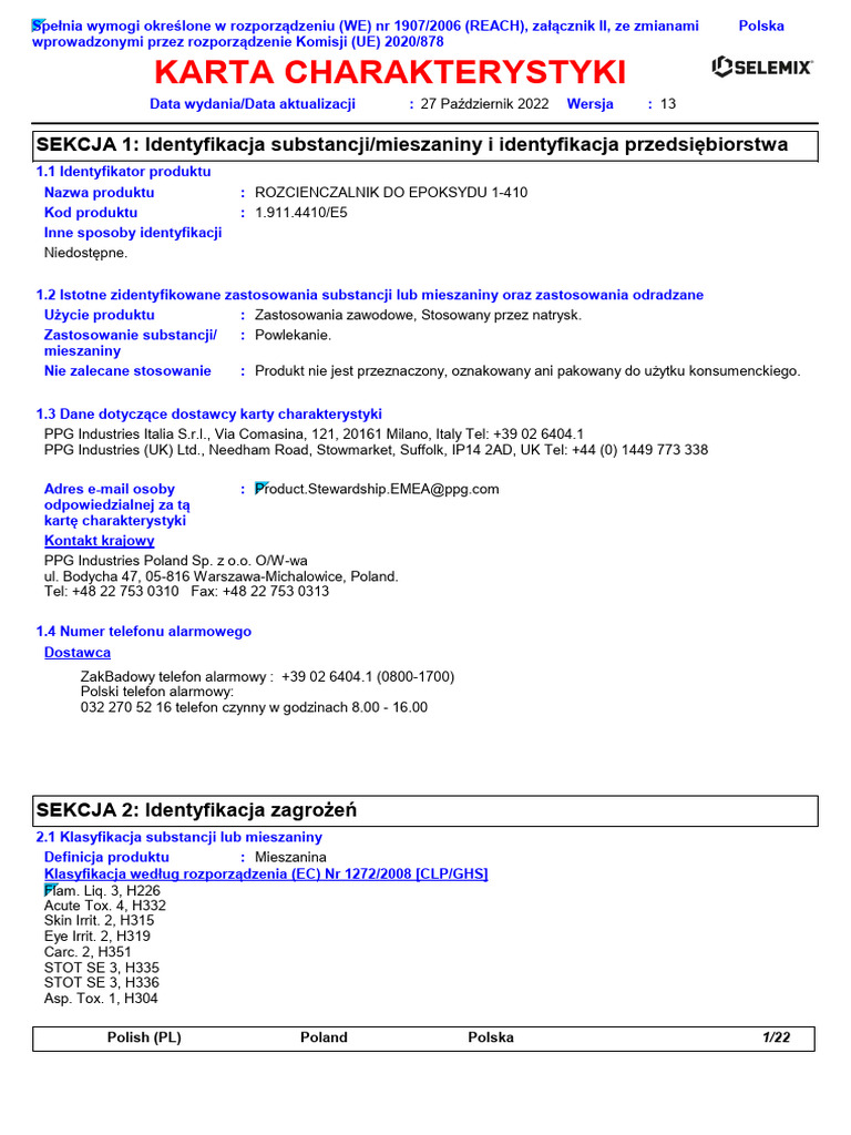 Karta Charakterystyki: SEKCJA 1: Identyfikacja Substancji/mieszaniny I ...