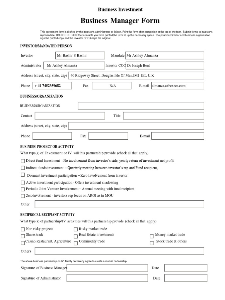 Business Investment Agreement Form | PDF | Investing | Partnership