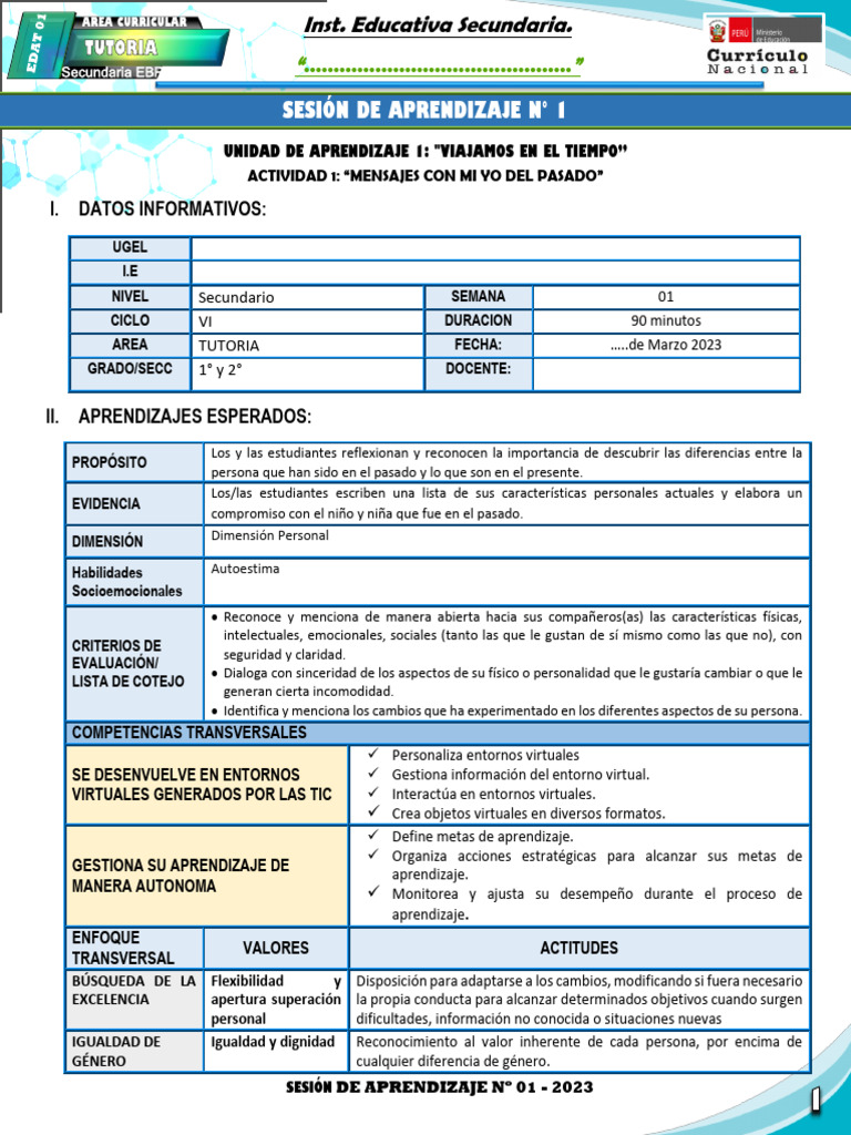 1º TUTORIA SES 1 UNI 1 SEM 01 (1) | Descargar gratis PDF | Aprendizaje | Autoestima