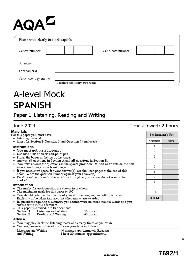 Examen A-level: Español Paper 1 | PDF