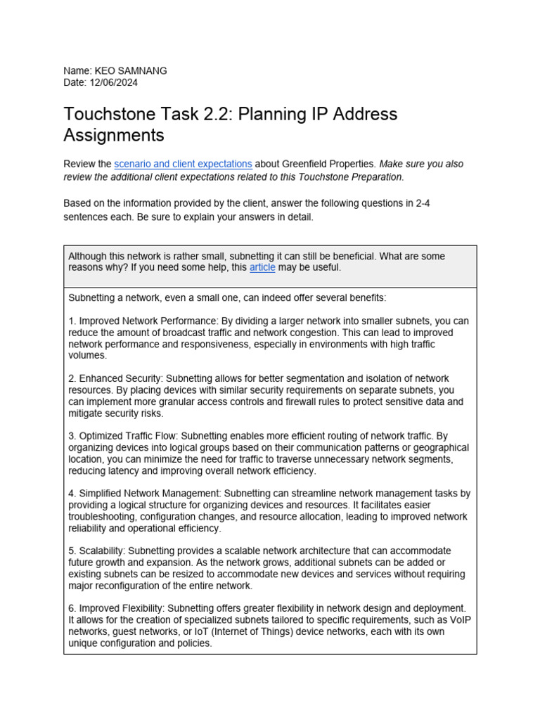 Touchstone Task 2.2 - Planning IP Address Assignments Questions | PDF | Computer Network | Voice ...