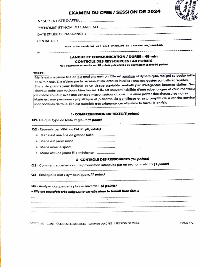 Examen CFEE 2024 : Langue et Communication | PDF