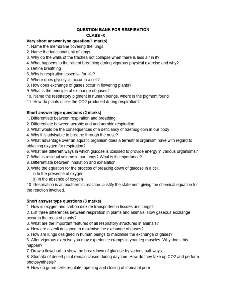 Respiration Question Bank | PDF | Breathing | Cellular Respiration