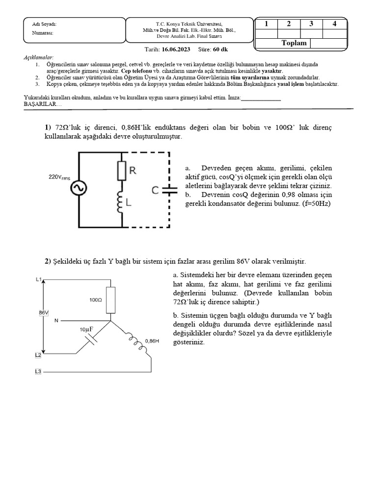 2022-2023 Devre Analizi Lab Final Sınavı - 230616 - 113643 | PDF