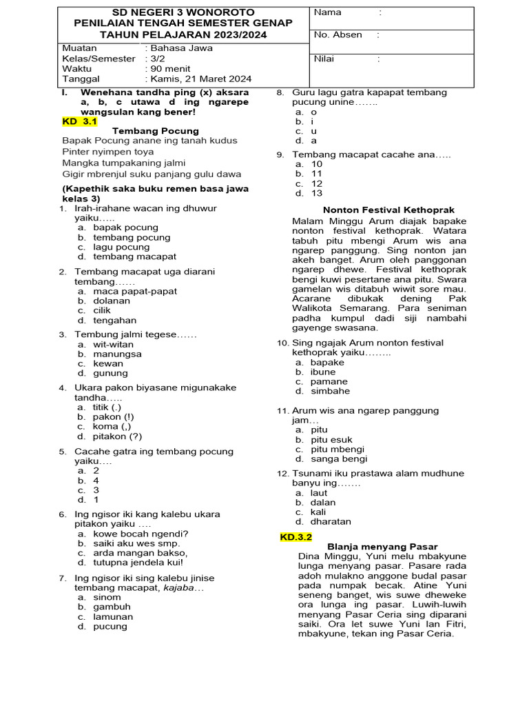 Soal PTS 2 Bahasa Jawa Kelas 3 K13 | PDF