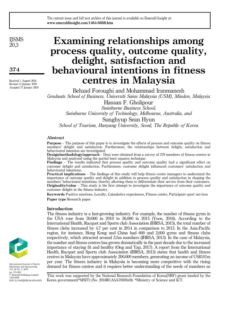 Foroughi 2019 | PDF | Physical Fitness | Customer Satisfaction