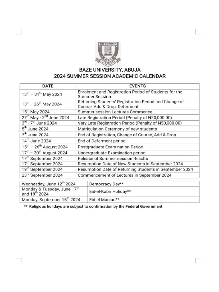 2024 Summer Session Academic Calendar | PDF