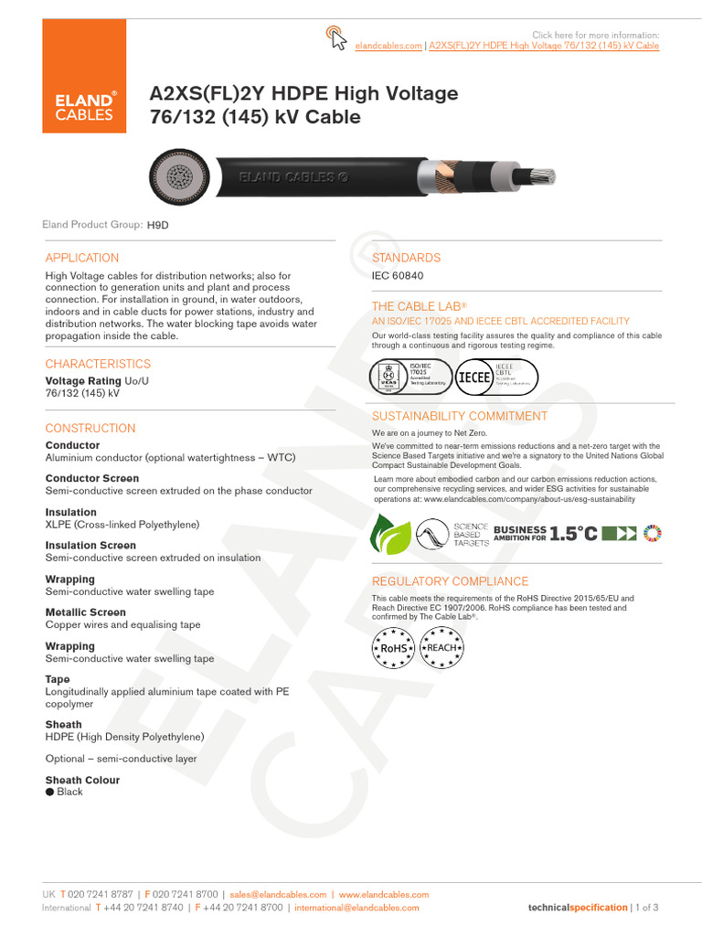 A2xs FL 2y Hdpe High Voltage 76 132 145 KV Cable | PDF | Insulator ...