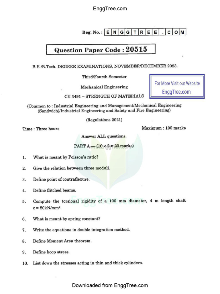 CE3491 Strength of Materials Nov Dec 2023 Question Paper Download | PDF
