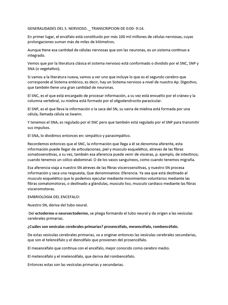 Generalidades Del Sistema Nervioso | PDF | Cerebro | Sistema nervioso