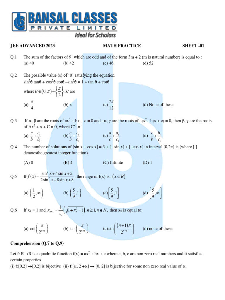 Jee Adv Math Sheet - 01 | PDF | Circle | Elementary Geometry