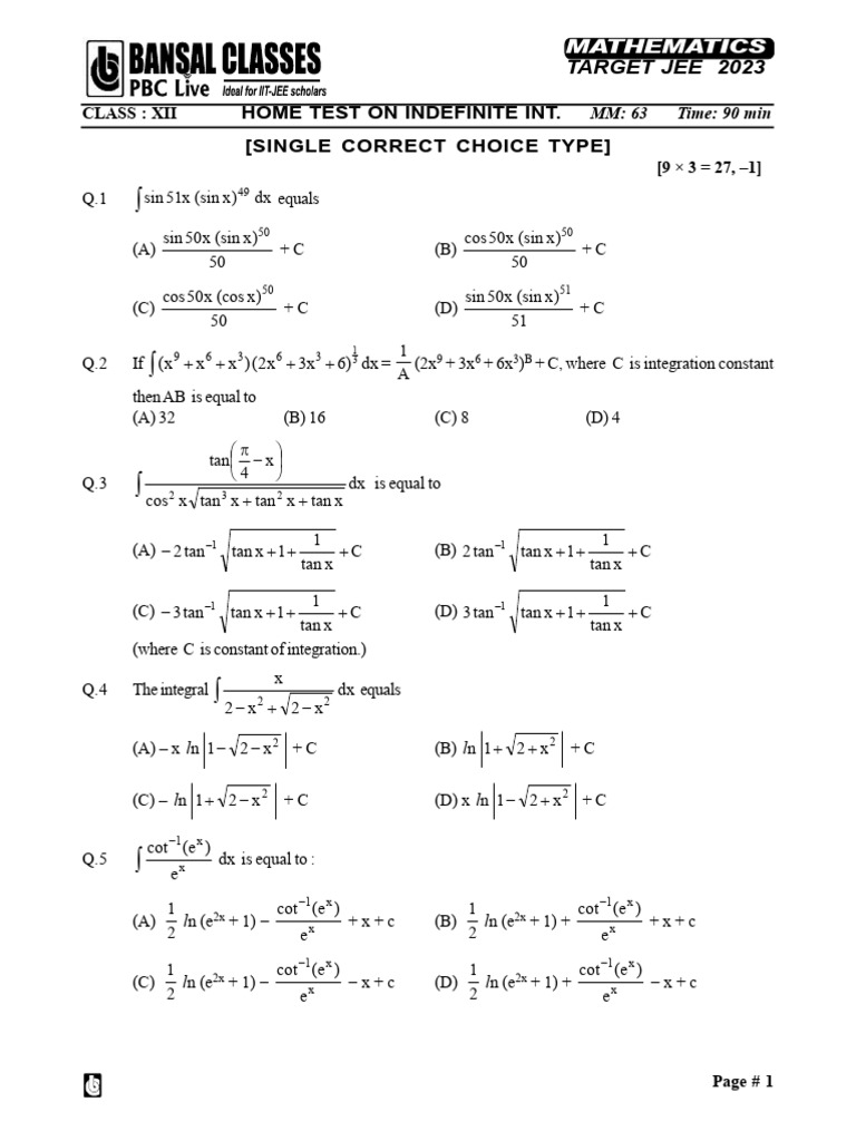 Quiz On Integration - Wa | PDF | Mathematical Concepts | Abstract Algebra