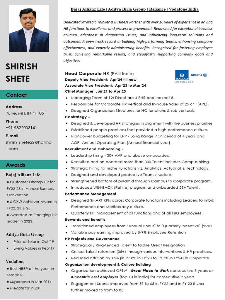 HR Leadership Profile: Shirish Shete | PDF | Human Resources | Employment