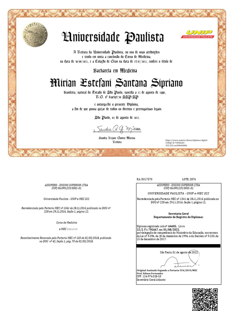 Diploma Bacharelado Medicina 2022 Mirian Estefani | PDF