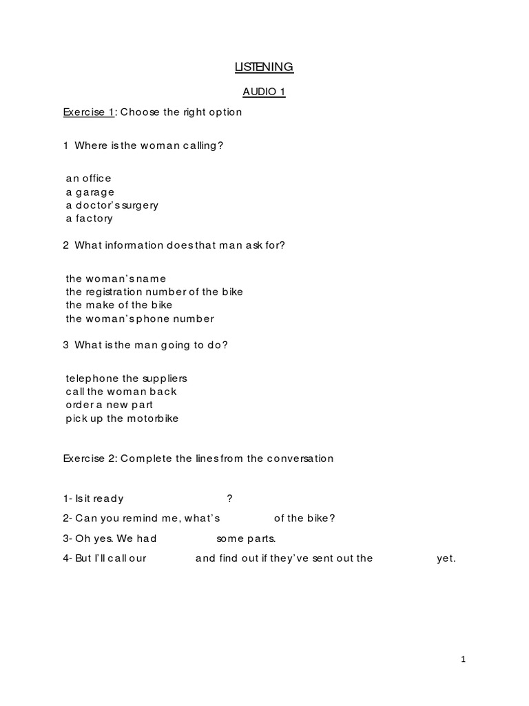 Audio 1 Exercise 1: Choose The Right Option: Listening | PDF