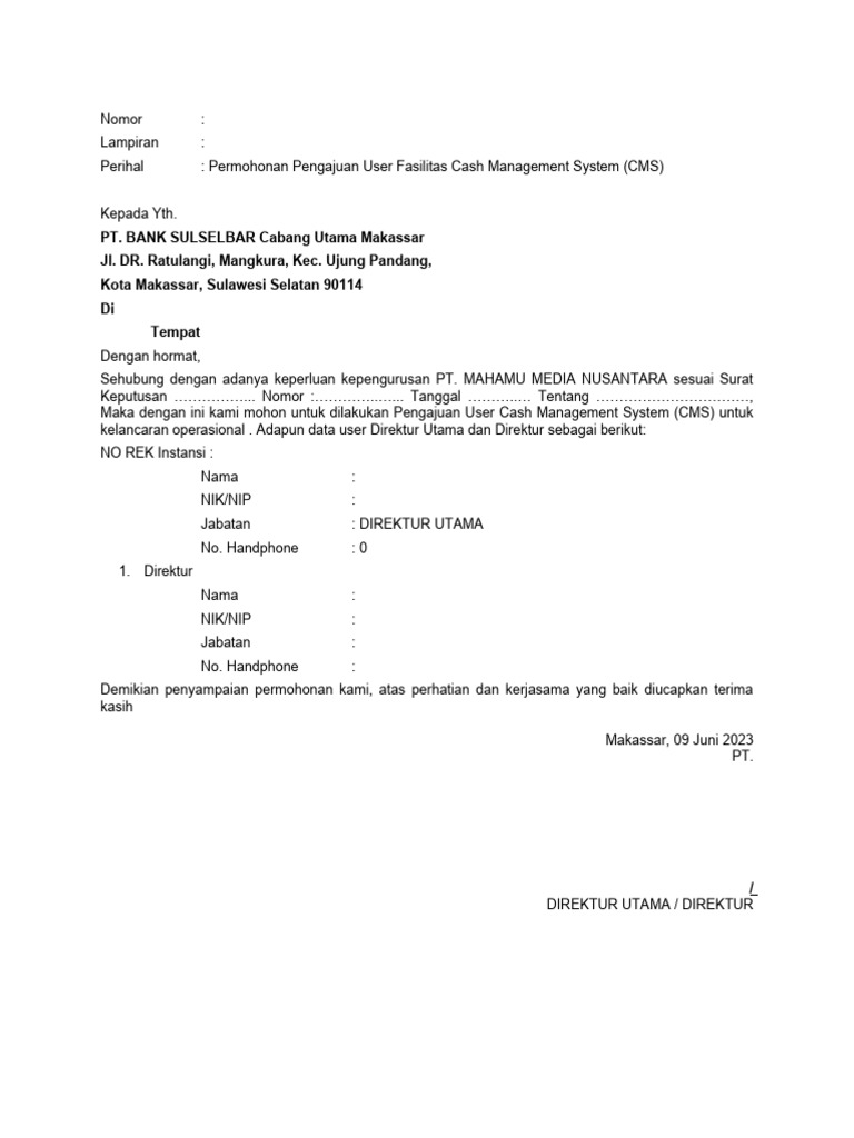 Permohonan Untuk User CMS Banking | PDF