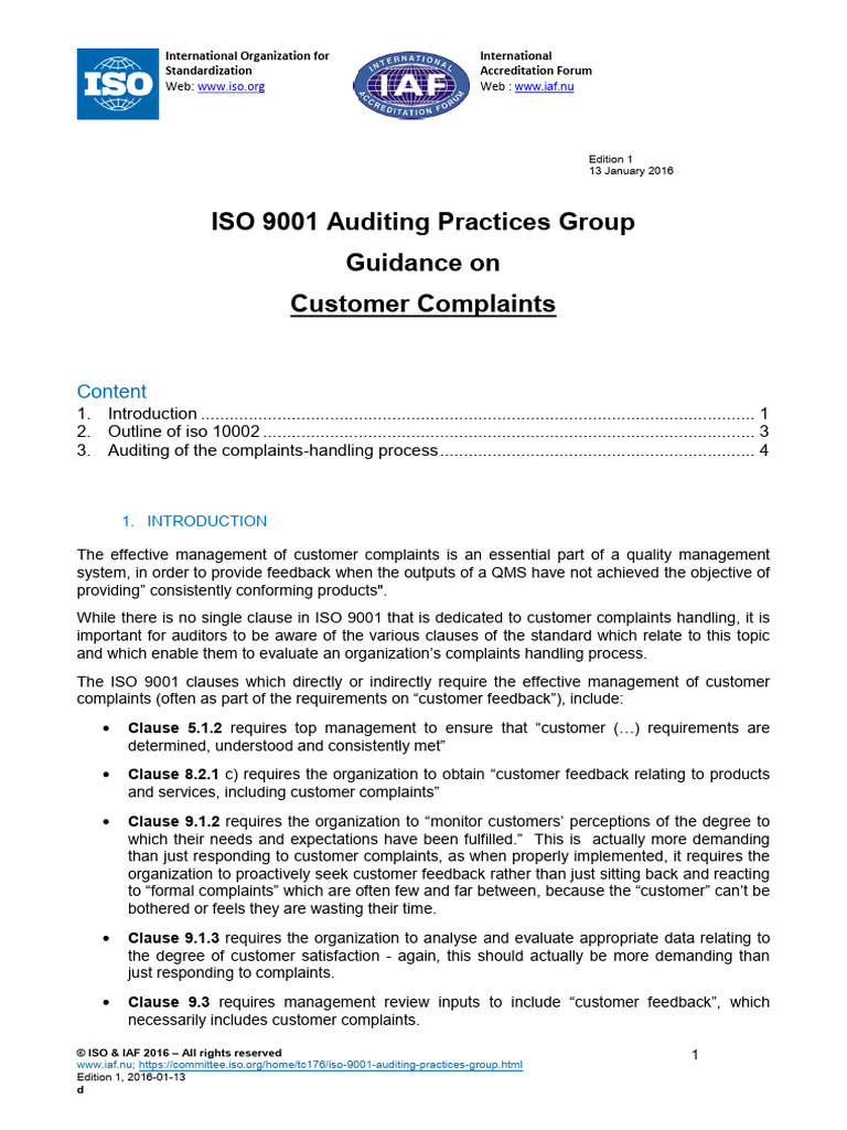 ISO 9001 Customer Complaints Guidance | PDF | Iso 9000 | Audit