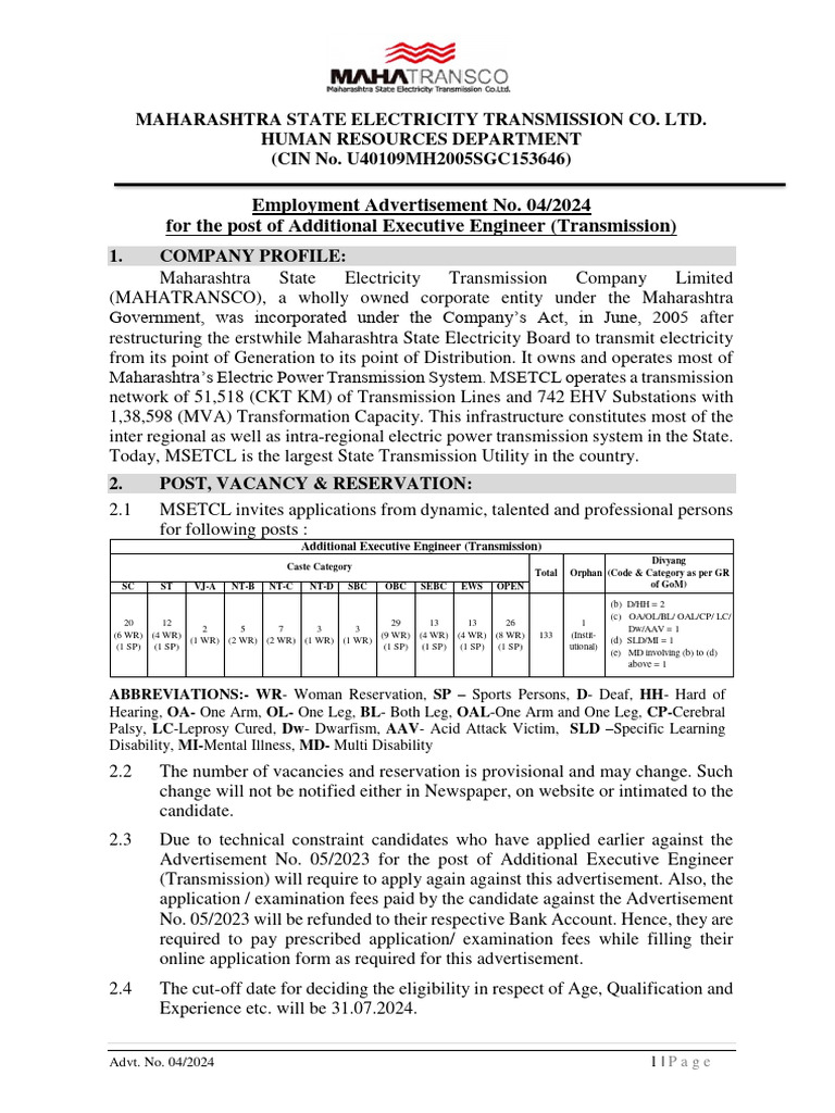 MSETCL Recruitment for Additional Executive Engineer | PDF | Electric ...