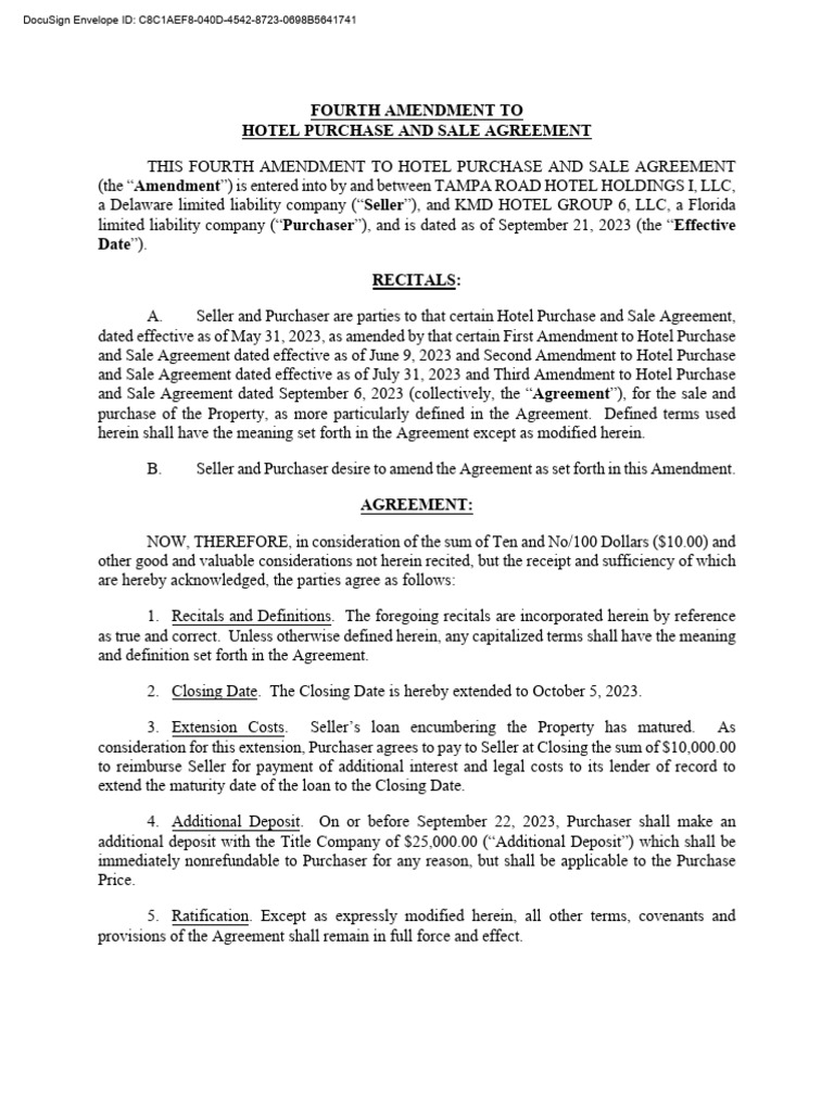 Fourth Amendment To PSA - KMD 6 - Tampa Oldsmar Courtyard (FULLY ...