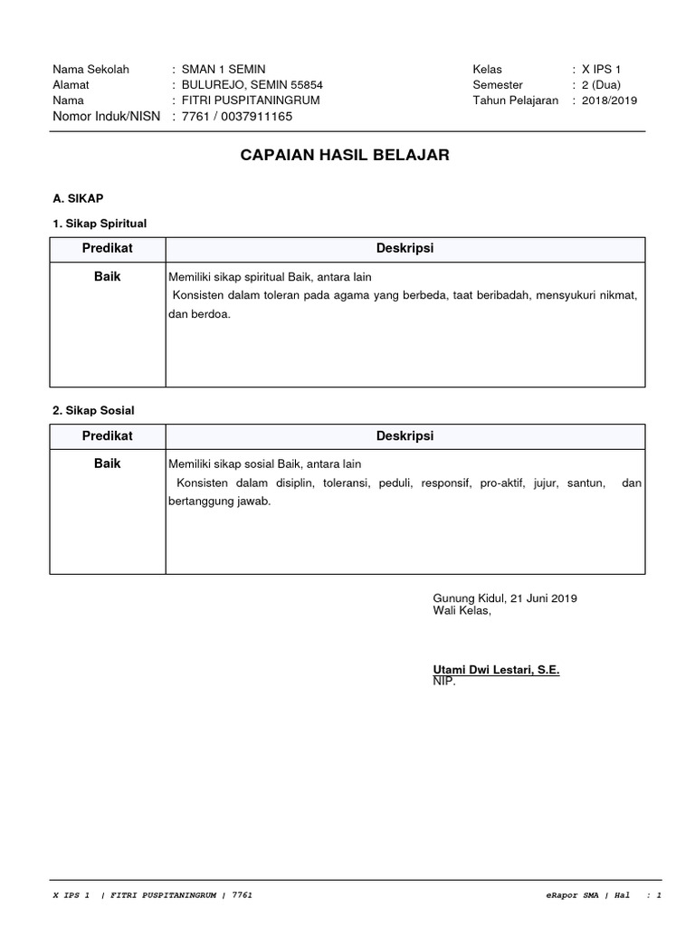 Rapor - FITRI PUSPITANINGRUM - 20182 | PDF | Pengembangan Diri | Kesehatan Holistik