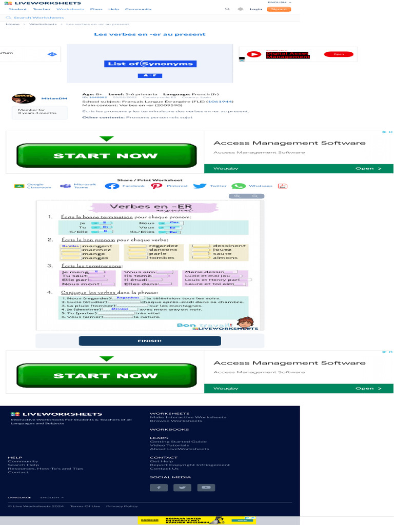 Les Verbes en -Er Au Present Interactive Worksheet Live Worksheets 2 | Download Free PDF | World ...
