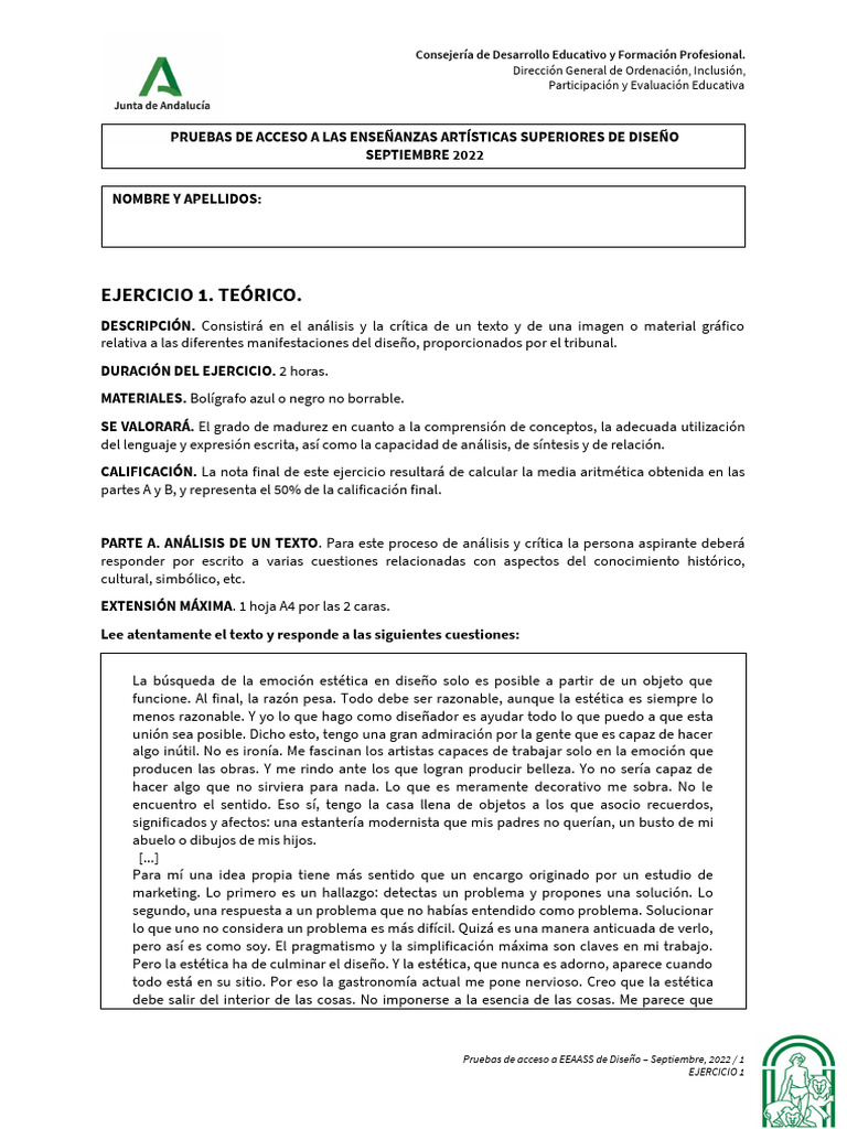 04 1 Prueba de Acceso Easd Septiembre 2022 Ejercico 1 | PDF | Diseño | Evaluación