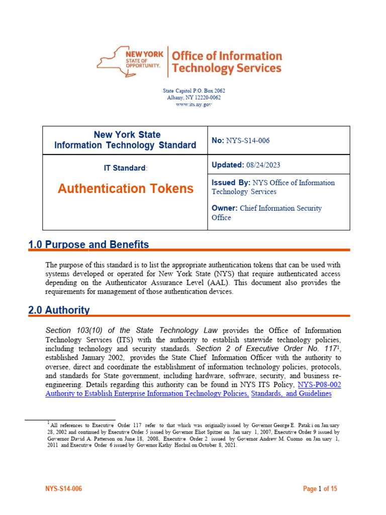 Nys s14 006 Authentication Tokens Standard | PDF | Password | Authentication