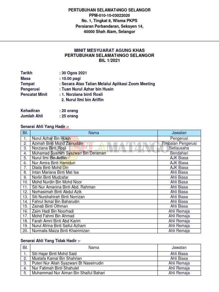 SAMPLE Minit Mesyuarat Agung Khas | PDF