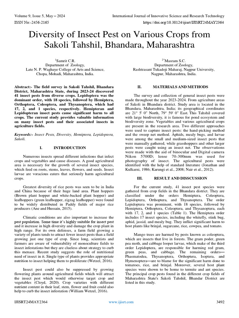 Diversity of Insect Pest On Various Crops From Sakoli Tahshil, Bhandara, Maharashtra | PDF ...