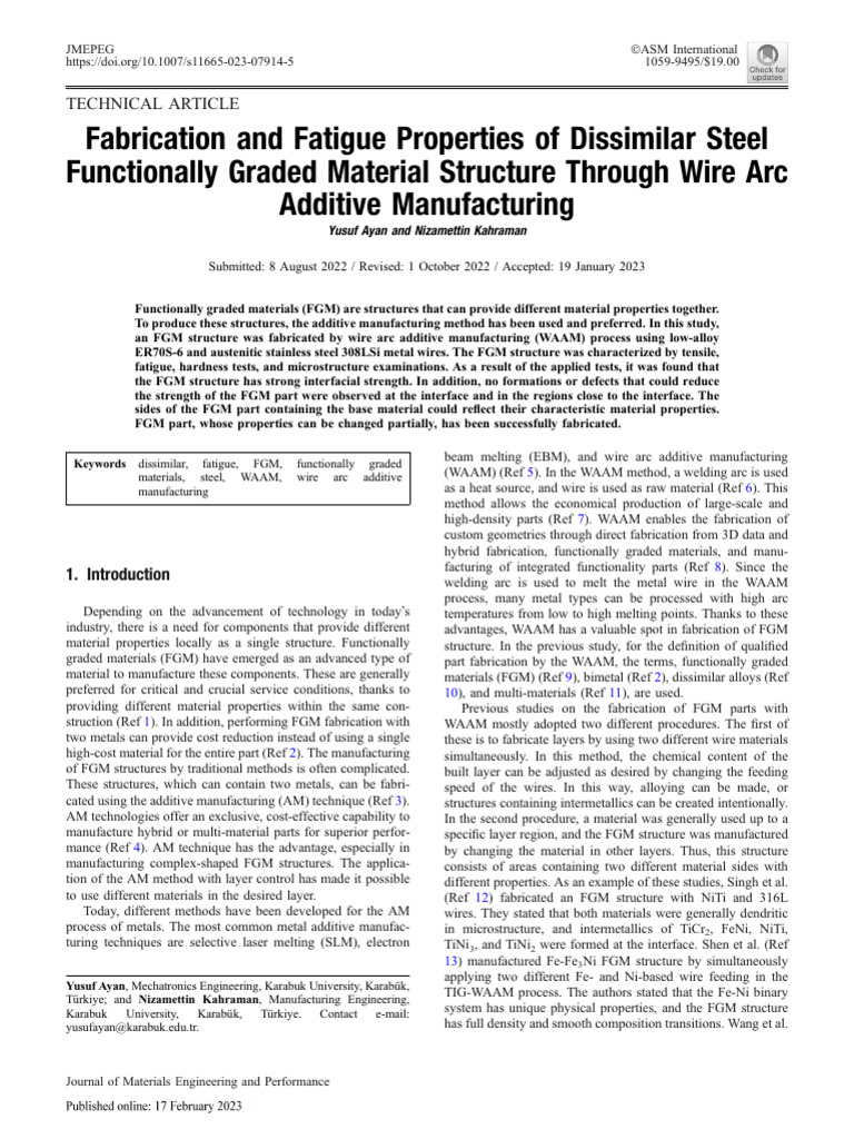 Fabrication And Fatigue Properties Of Dissimilar Steel Functionally Graded Material Structure
