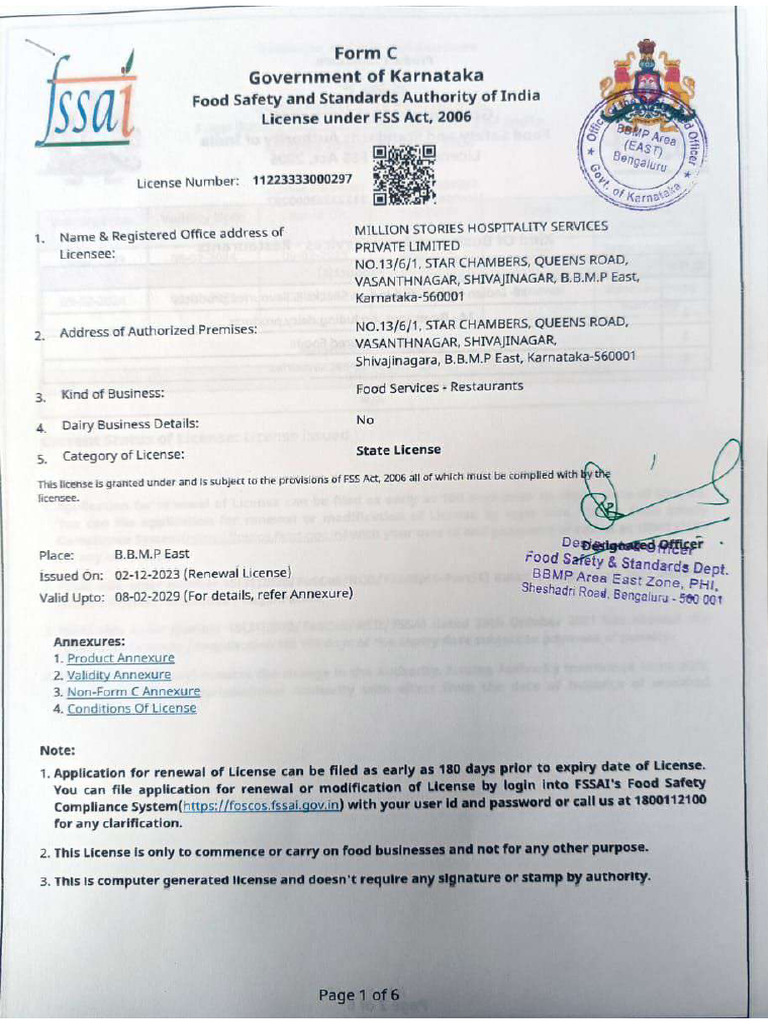FSSAI MILLIONS QUEENS ROAD Till 08-02-2029 Sign | PDF