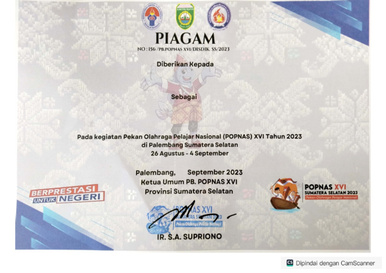 Piagam Popnas Xvi Sumsel 2023 | PDF