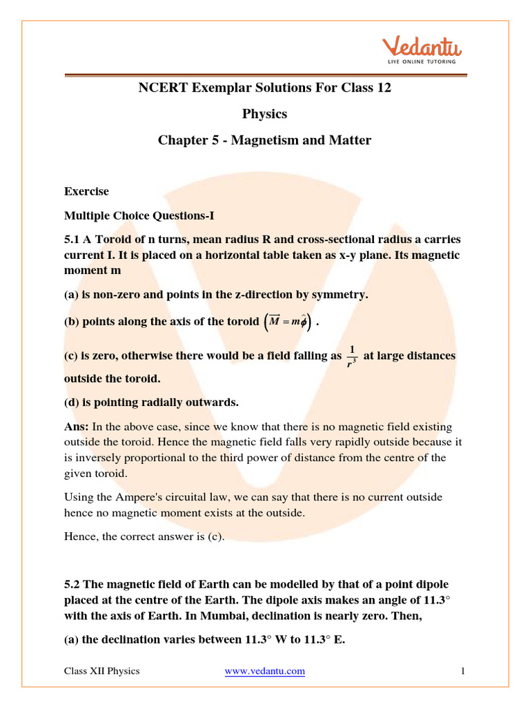 NCERT Exemplar For Class 12 Physics Chapter 5 - Magnetism and Matter ...