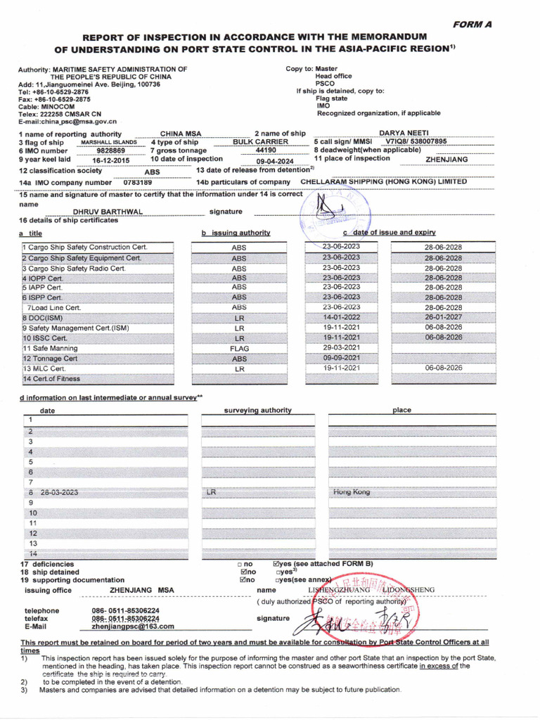 F) PSC Inspection Report (09.04.2024 Zhenjiang | PDF