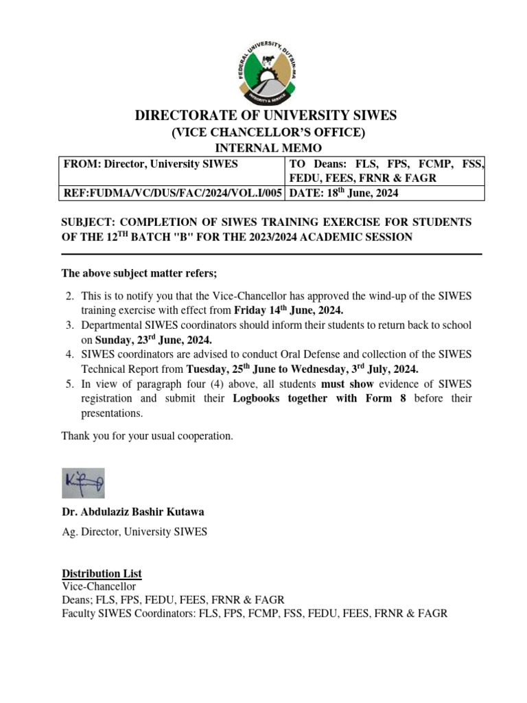 Siwes-Wind-Up Letter For Batch B 2024 | PDF