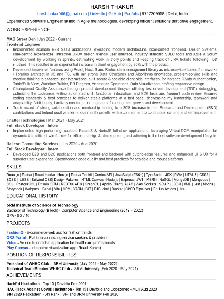 Harsh Thakur - Resume | PDF | Software Development Process | World Wide Web Harsh Thakur - Resume | PDF | Software Development Process | World Wide Web