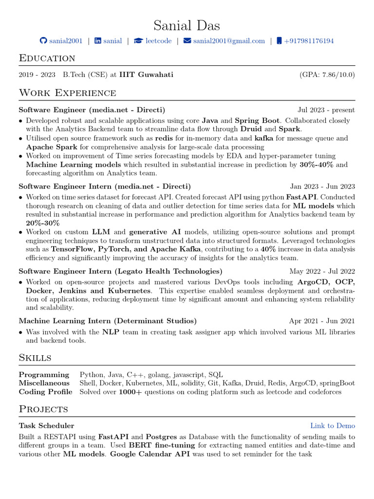 Sanial Das Resume | Download Free PDF | Machine Learning | Apache Spark