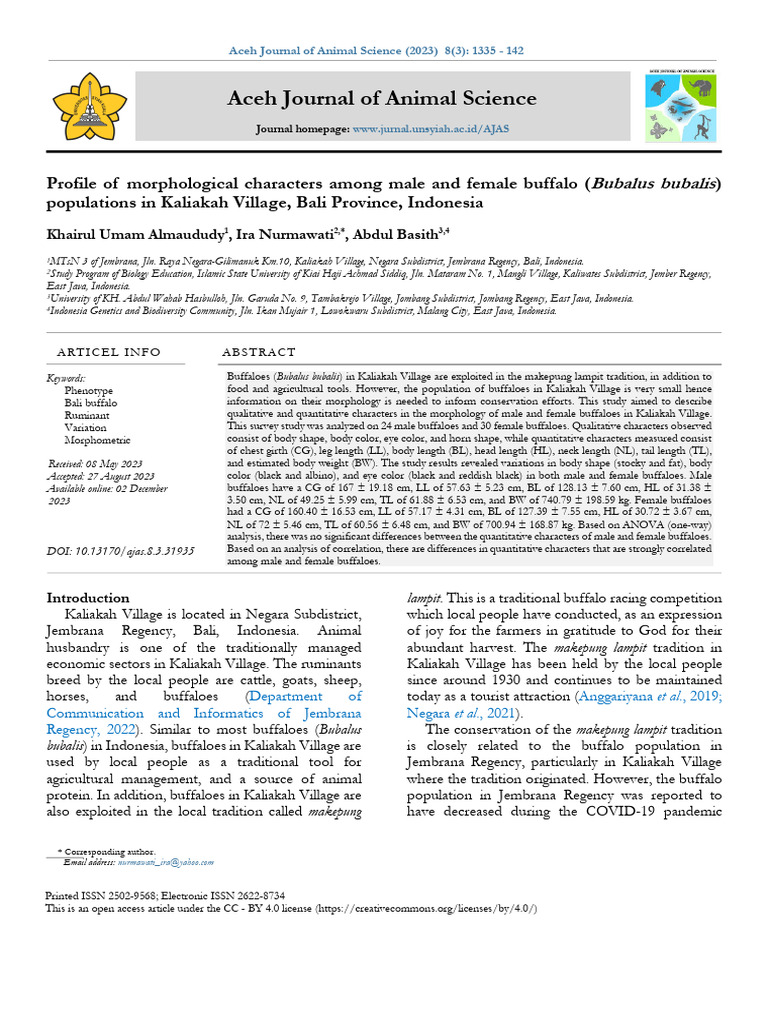 Profile of morphological characters among male and female buffalo ...