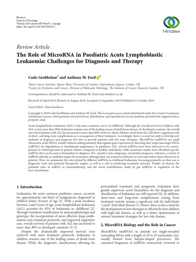 17. 2019 The Role of MicroRNA in Paediatric Acute Lymphoblastic ...