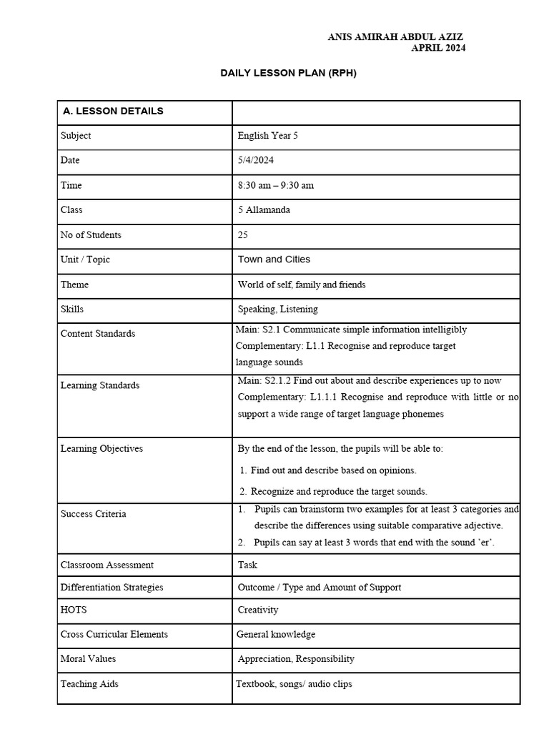 5 Allamanda 16 April | PDF | Teachers | Lesson Plan