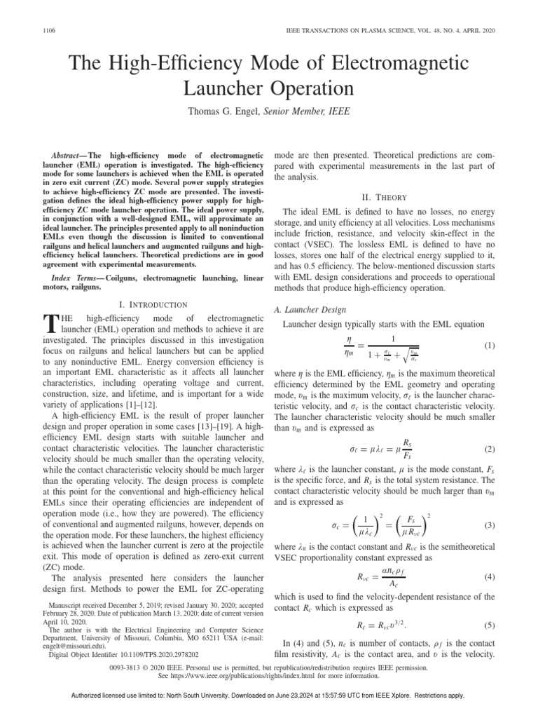 The High-Efficiency Mode of Electromagnetic Launcher Operation | PDF | Inductance | Electricity